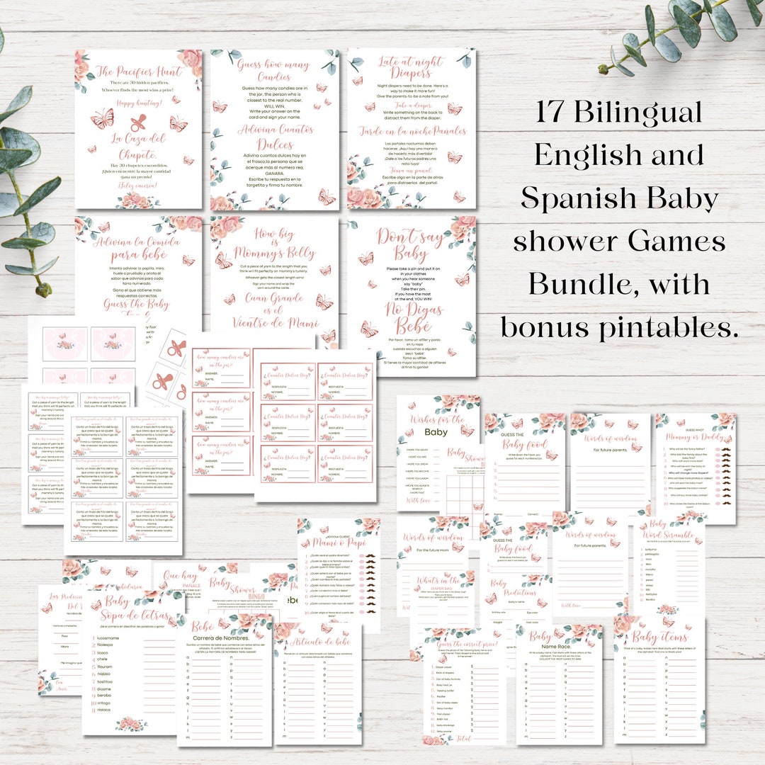 Bilingual Rose Gold Baby Shower Games Bundle, Butterfly Modern Floral ...