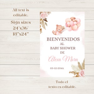 Editable Spanish Pink Teddy Bear Boho Baby Shower Welcome Sign ...