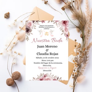 Spanish Blush-burgundy Floral Wedding Printable Invitation Template ...