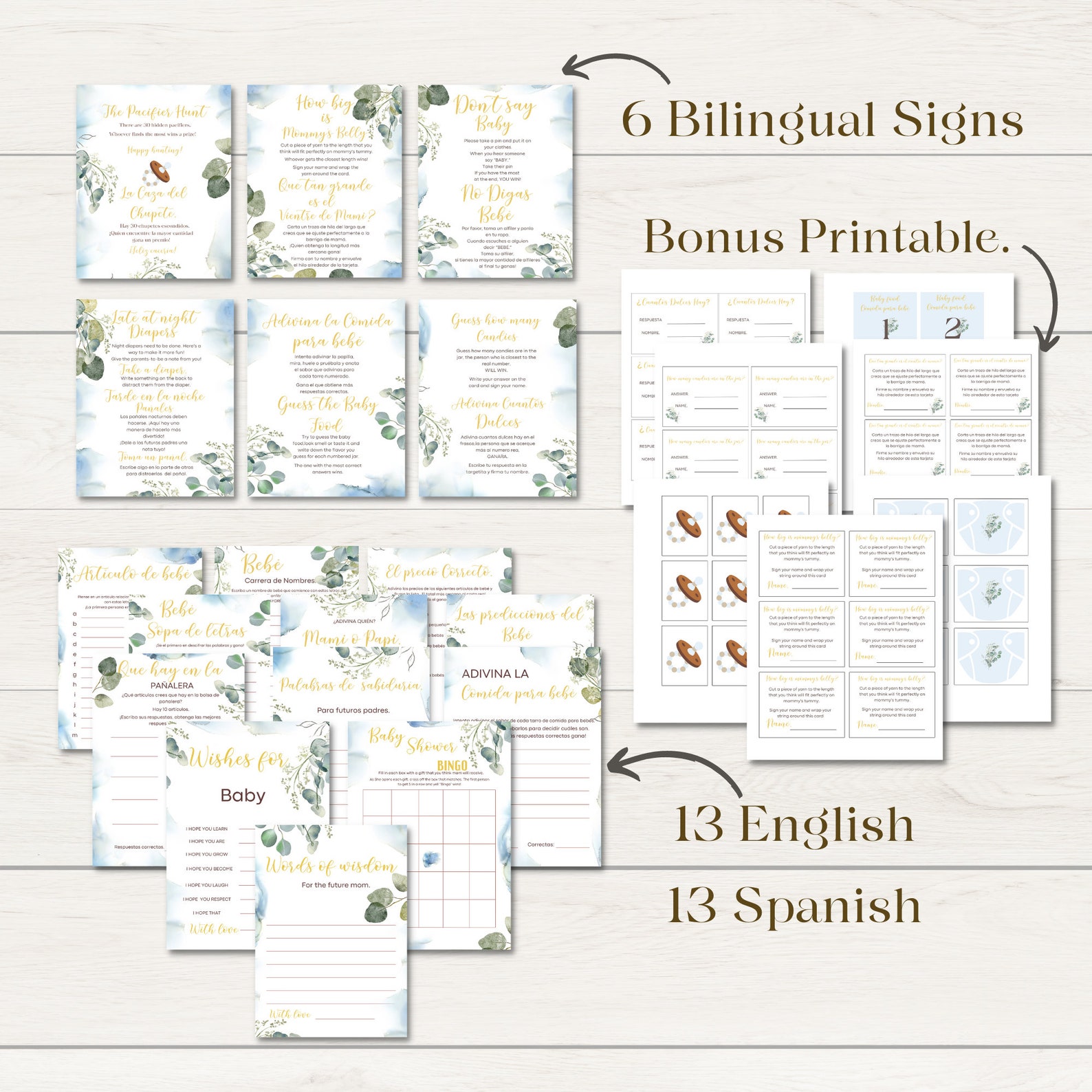 Bilingual Eucalyptus Boys Baby Shower Games, 19 Greenery and Blue ...