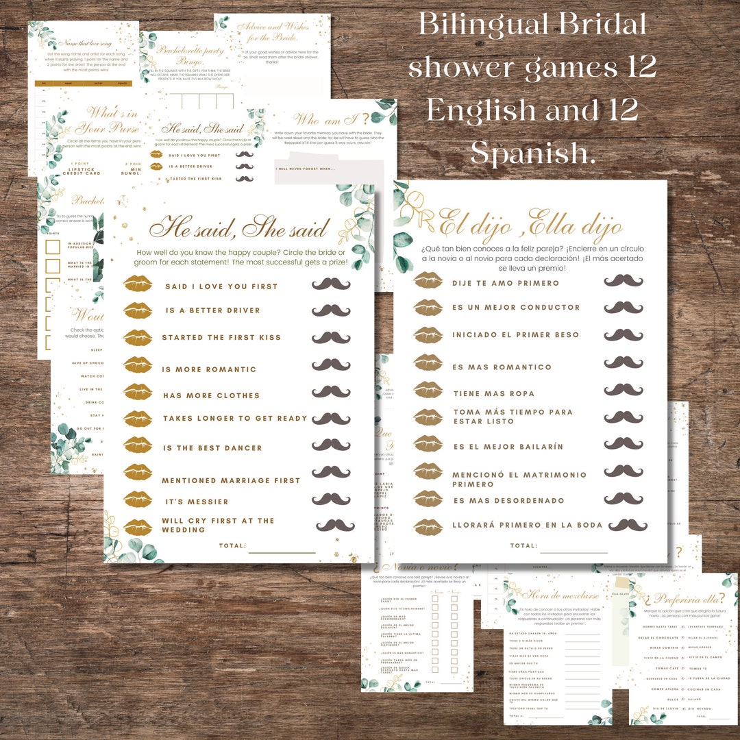 Spanish and English Printable Bridal Shower Games Set, Bilingual Bridal ...