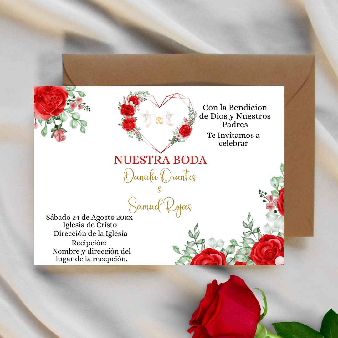 Spanish Red Floral Printable Wedding Invitation Template, Red Roses ...