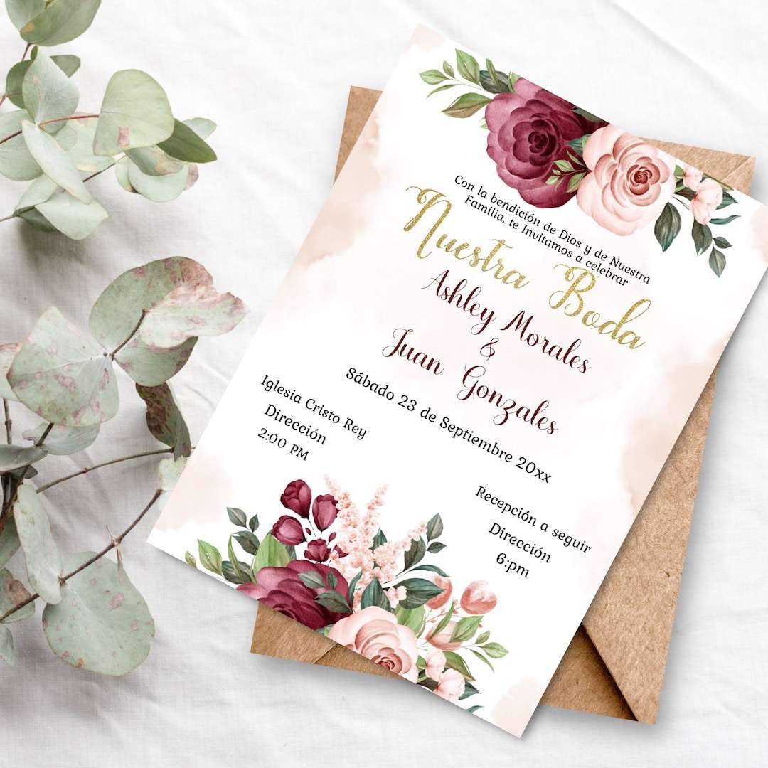 Spanish Wedding Invitation-blush Burgundy Floral Spanish Wedding Invite ...