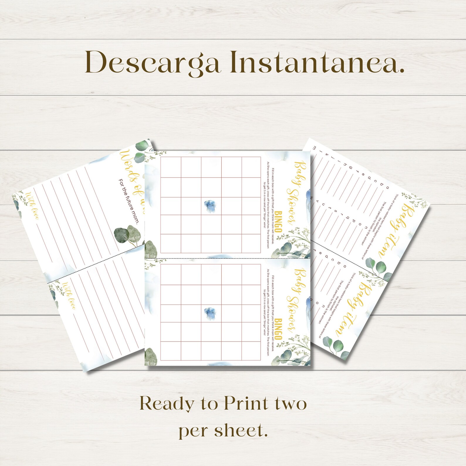 Bilingual Eucalyptus Boys Baby Shower Games, 19 Greenery and Blue ...