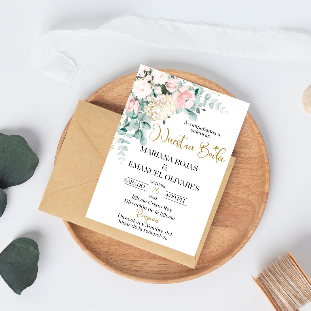 Spanish Blush Gold Floral Wedding Invitation Template. Invitaciones De ...