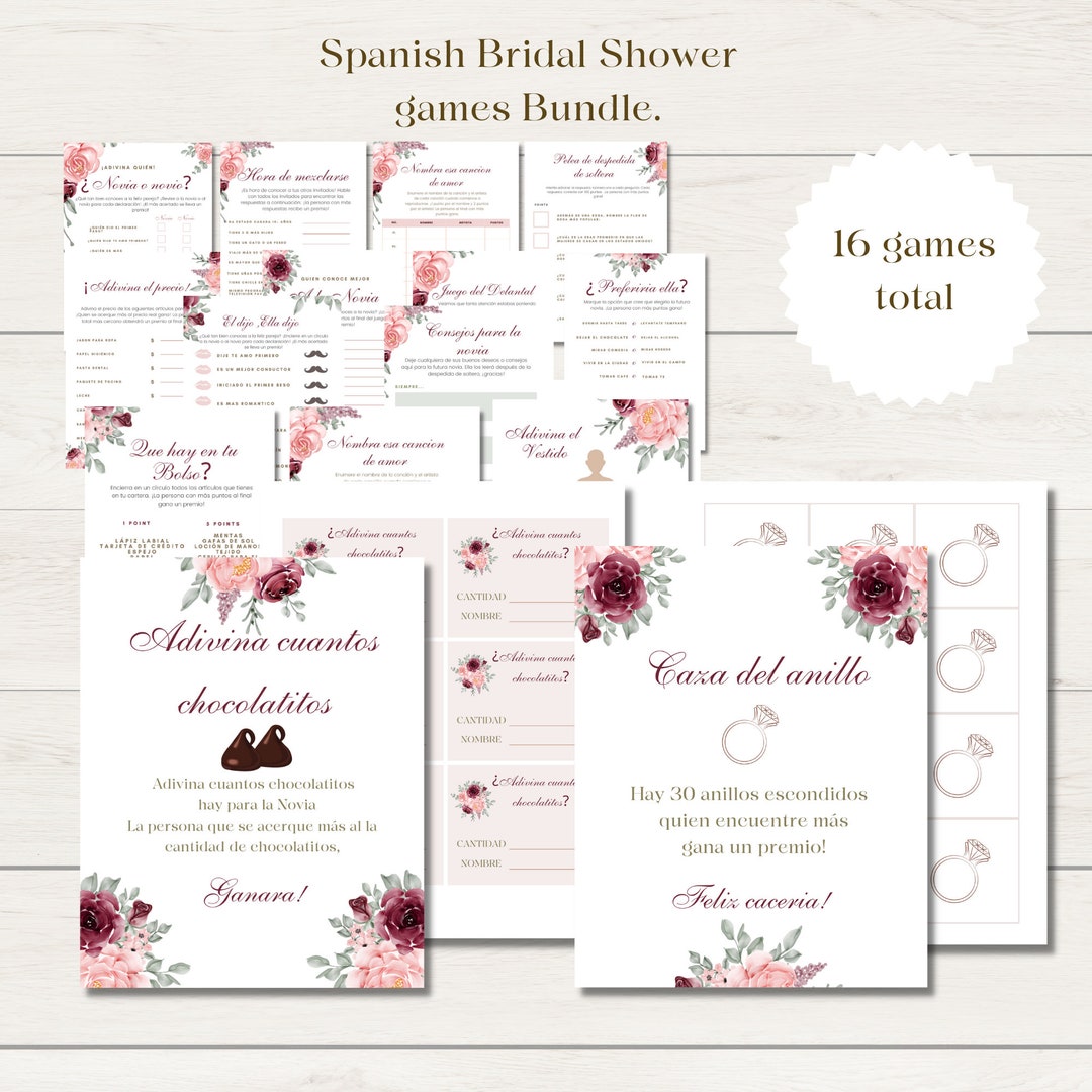 Spanish Blush Burgundy Floral Printable Bridal Shower Games Set ...