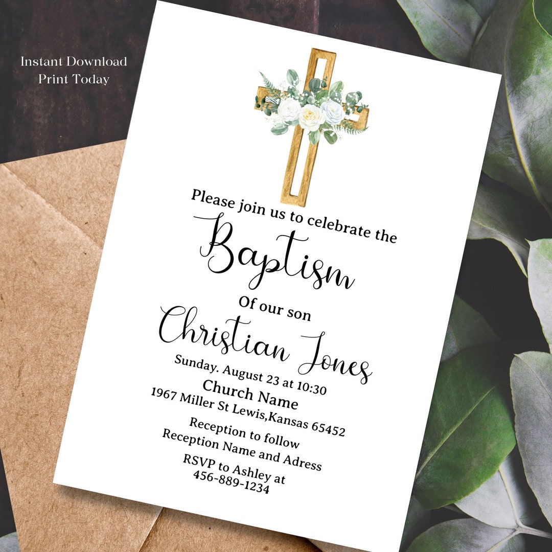 Invitación Para Bautismo Imprimirble Invitacion Para Bautizo De Niños Color Oro Y Verde