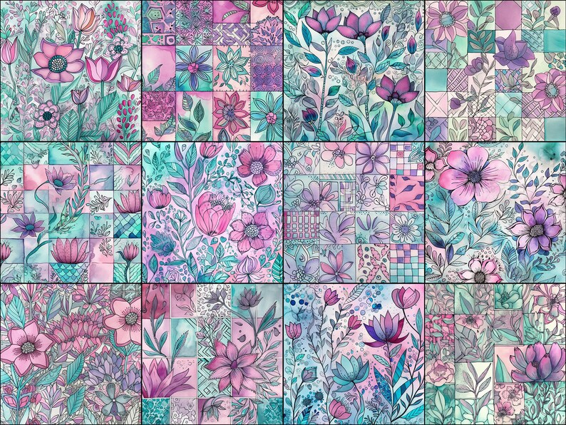 Purple, Pink and Teal Floral Flowers Digital Paper - 12x12 300 DPI ...