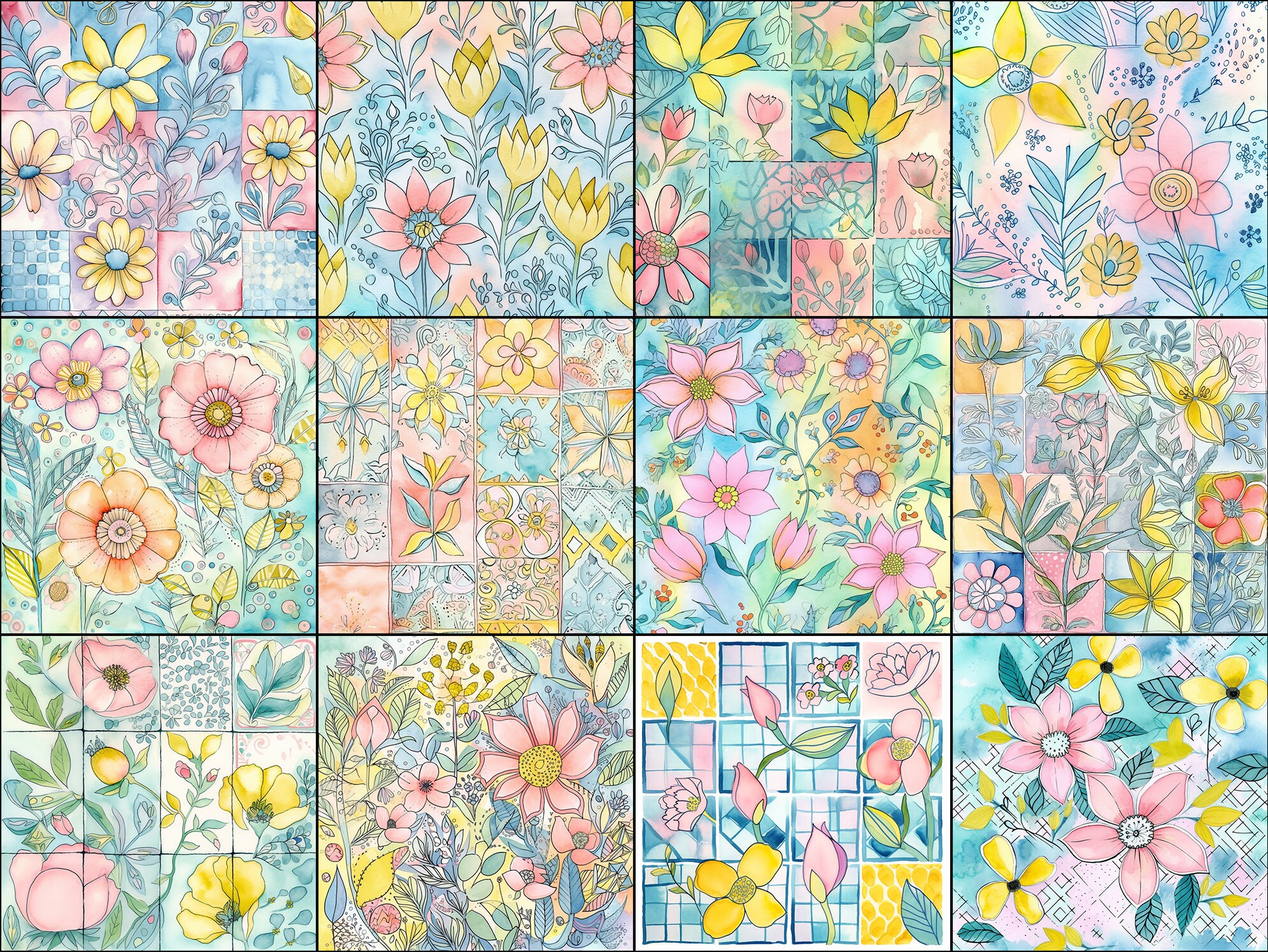 Yellow, Pink and Blue Floral Flowers Digital Paper - 12x12 300 DPI ...