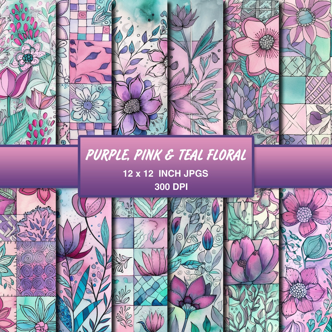 Purple, Pink and Teal Floral Flowers Digital Paper - 12x12 300 DPI ...