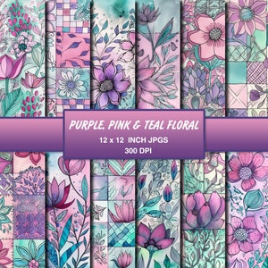 Purple, Pink and Teal Floral Flowers Digital Paper - 12x12 300 DPI ...