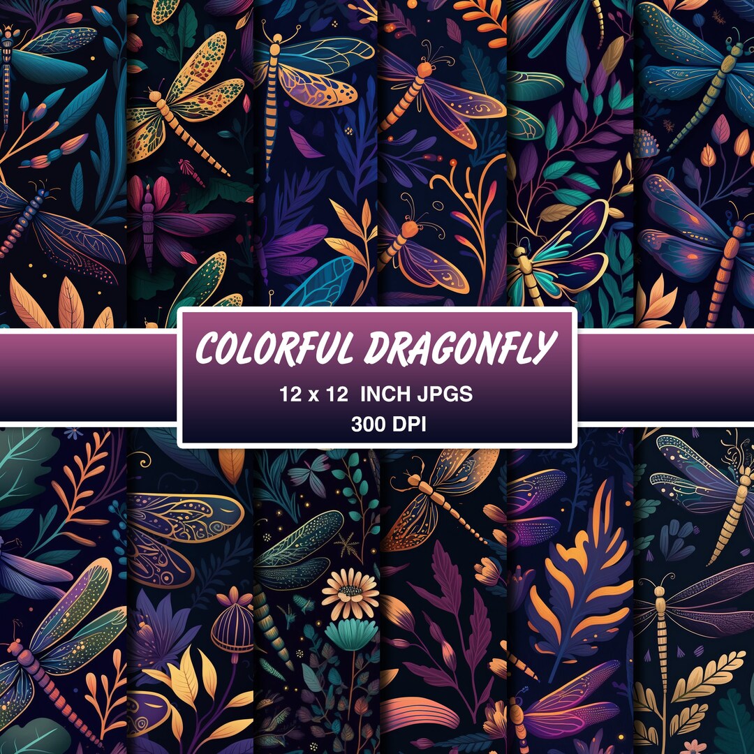 Colorful Dragonfly Digital Paper - 12x12 300 DPI - Scrapbooking Paper ...