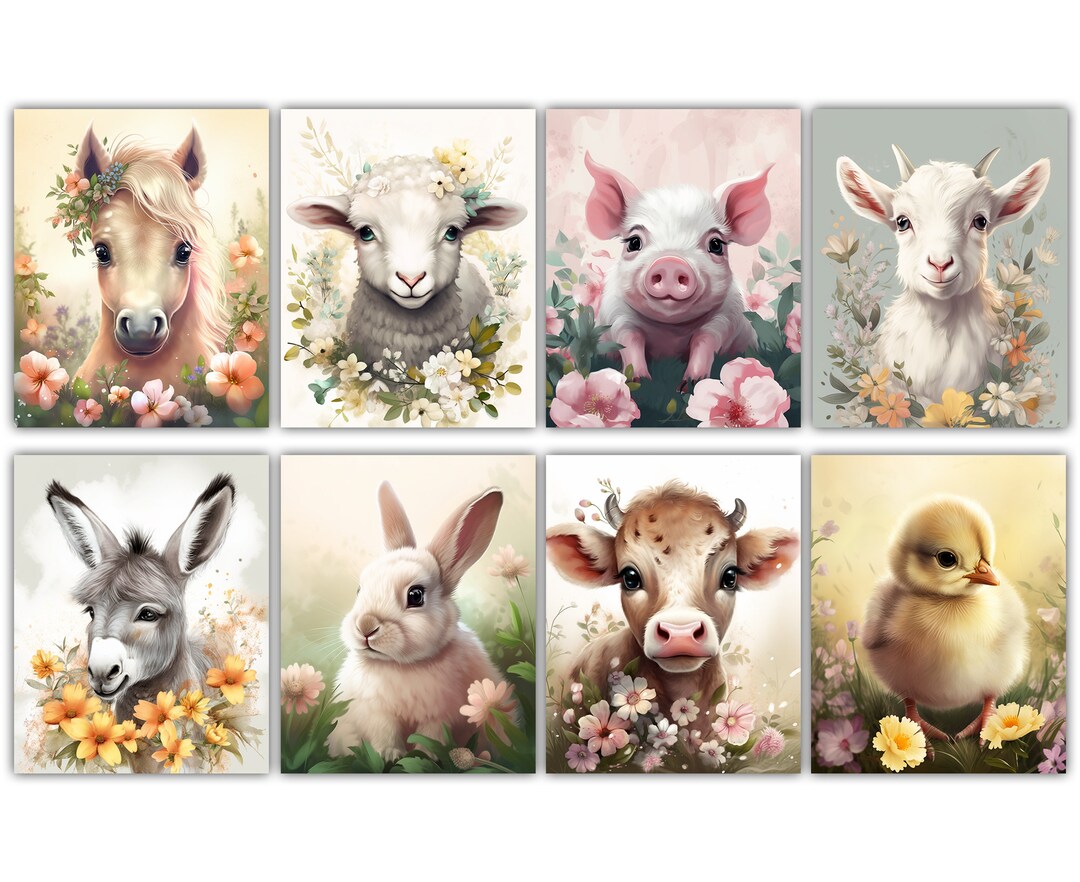 Baby Farm Animals Floral Nursery Poster Set of 8 Digital Download ...