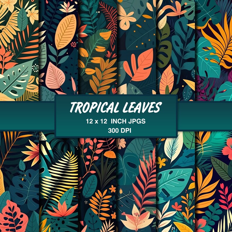 Tropical Leaves Digital Paper - 12x12 300 DPI - Scrapbooking Paper ...