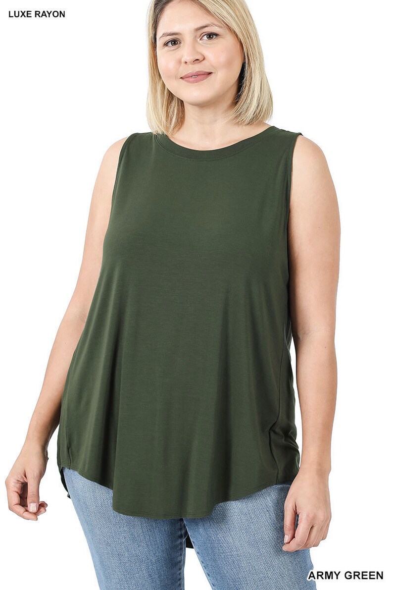 Plus Size Women's Luxe Rayon Round Neck Round Hem Sleeveless Top 1X 2X ...