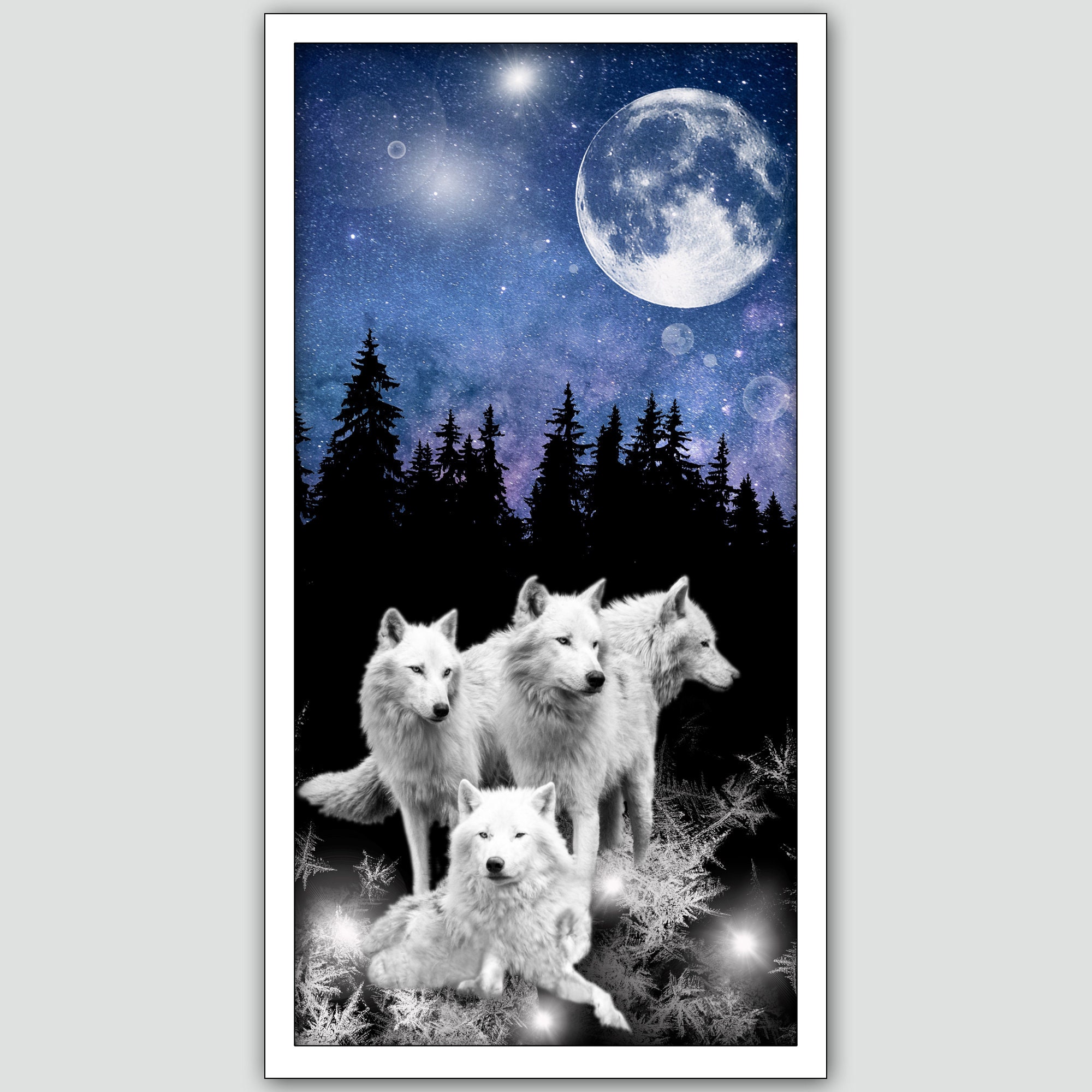 White Wolves in Celestial Star Snowy Night Forest white wolf, samoyed ...