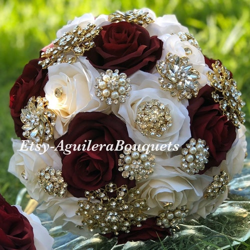 Burgundy Gold Bouquet Burgundy and Cream Bridal Bouquet - Etsy