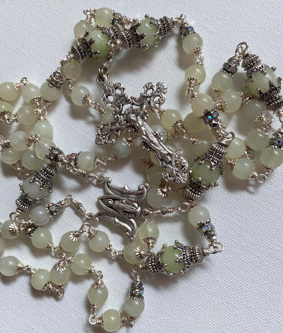 Yellow Green Jade Rosary: Wire Wrapped Silver Catholic Rosary - Etsy