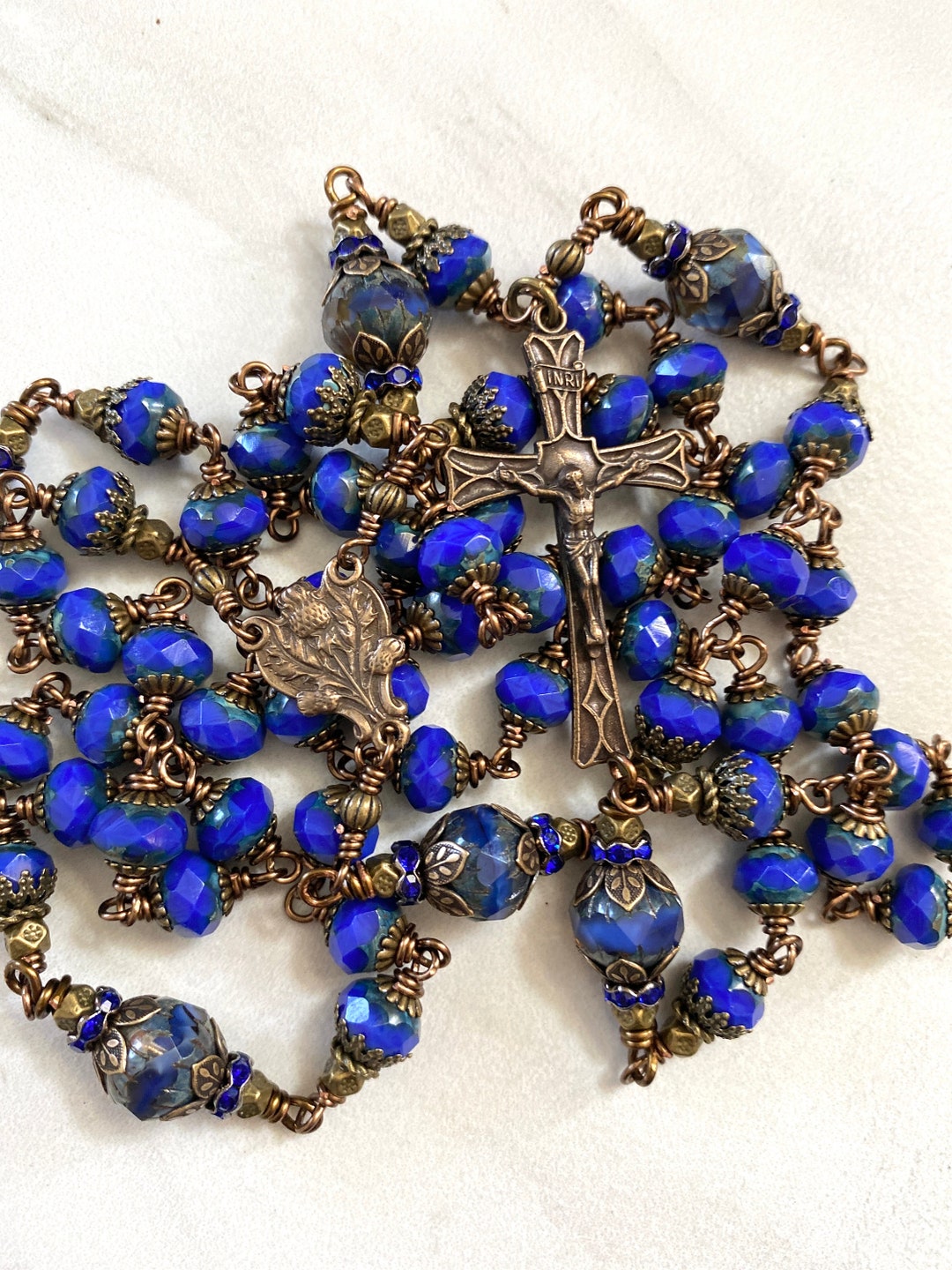 Royal Blue Czech Glass Rosary Artisan Glass Bead Wire Wrapped Heirloom ...