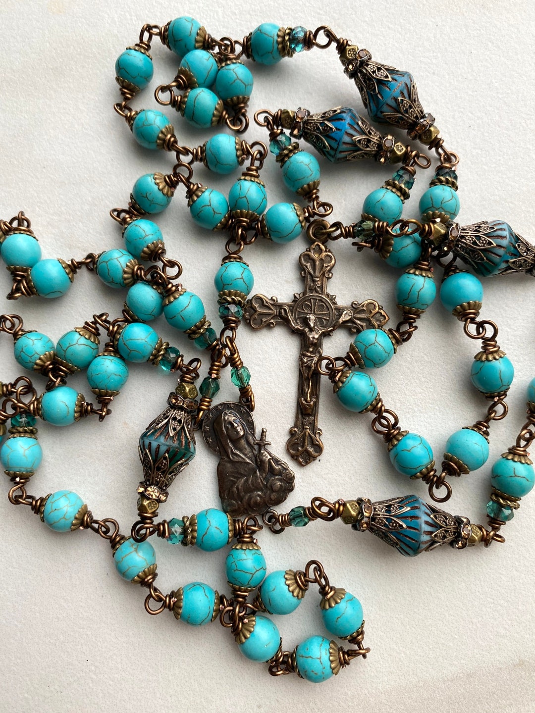 Heirloom Rosary Reconstructed Turquoise Beads Bronze Crucifix Artisan ...