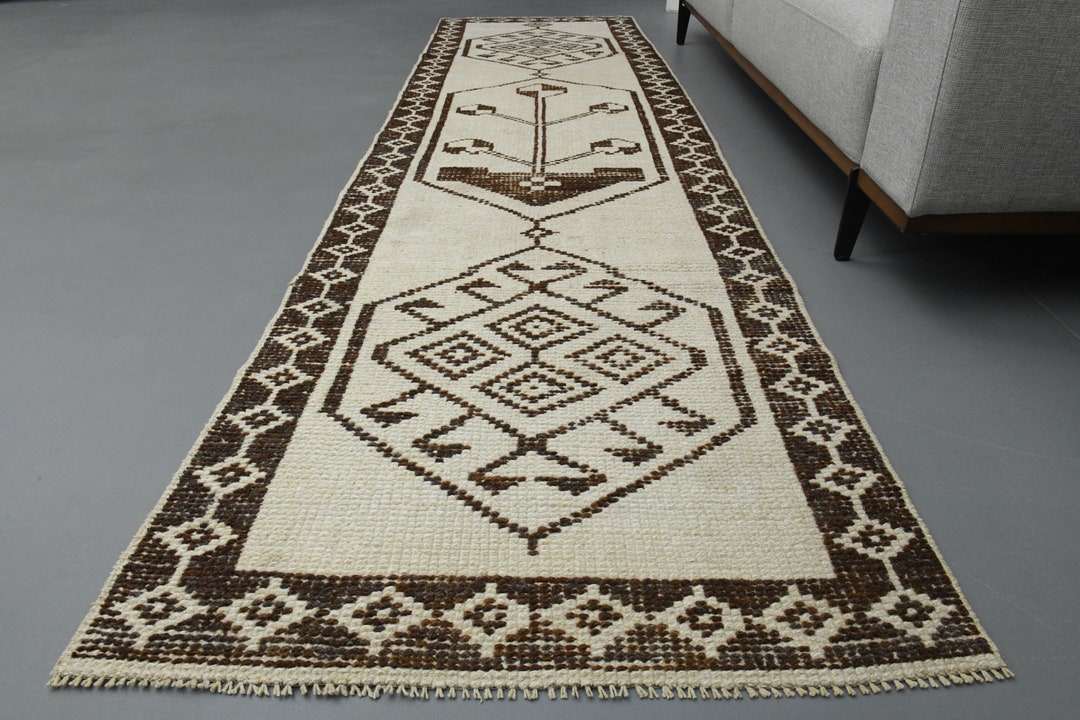 2.9x10.5 Ft Turkish Runner, Oushak Runner, Hallway Rug, White Black ...
