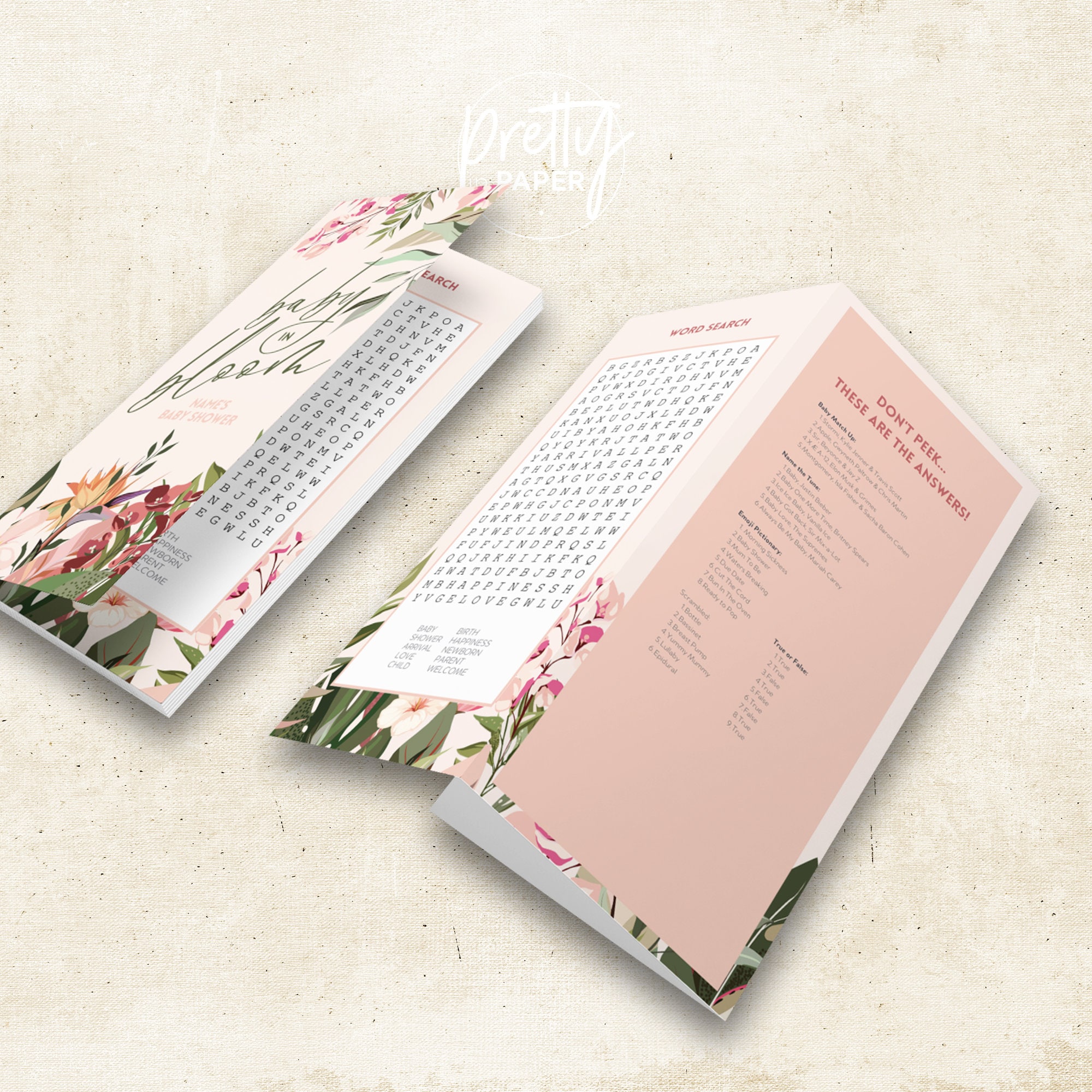 Baby Shower Games Handout Leaflet Pink Green Exotic Floral baby in ...