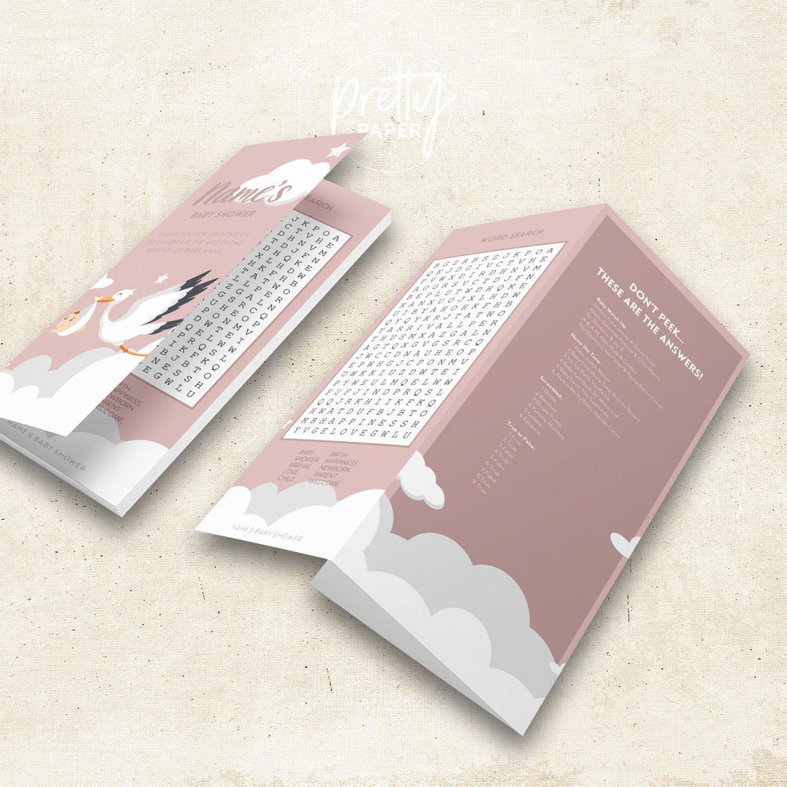 Baby Shower Games Handout Leaflet in Dusty Pink (tri-fold A4 ...