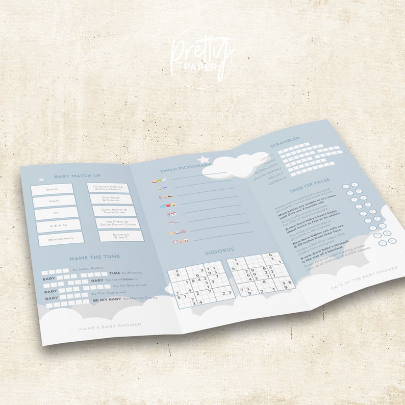 Baby Shower Games Handout Leaflet in Baby Blue (tri-fold A4 ...