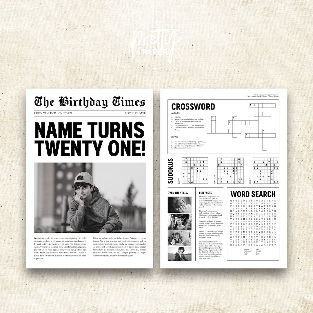 21st Birthday Newspaper Template: Personalized Party Games (A4) - Etsy