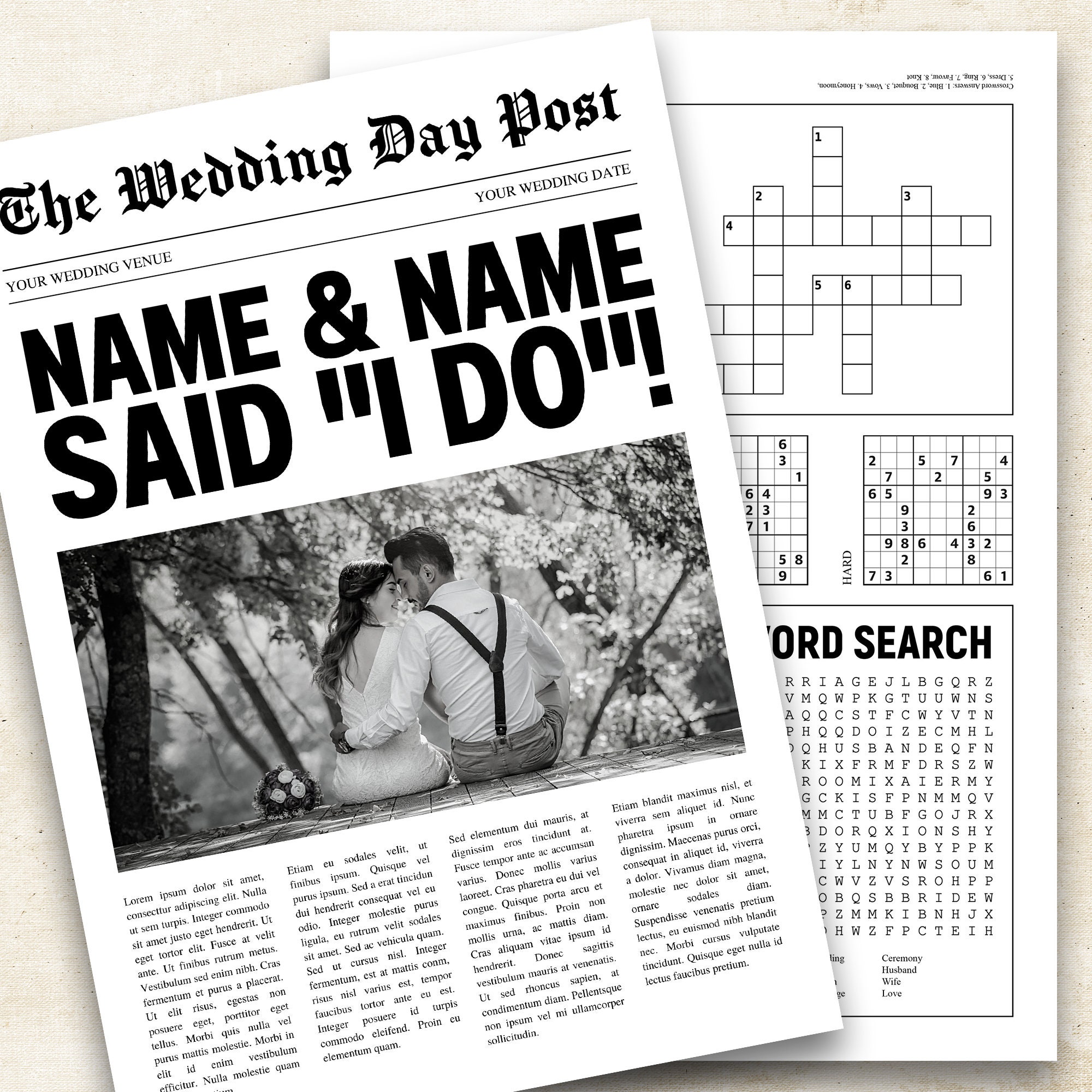 Wedding Day Post Editable Newspaper A4 Template personalised Wedding ...