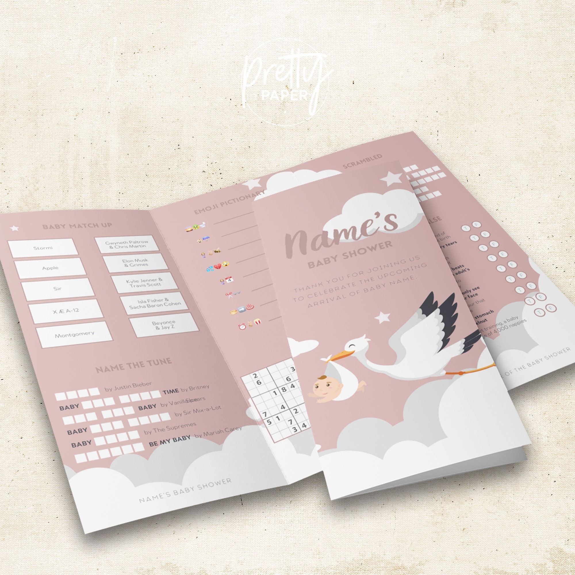 Baby Shower Games Handout Leaflet in Dusty Pink (tri-fold A4 ...