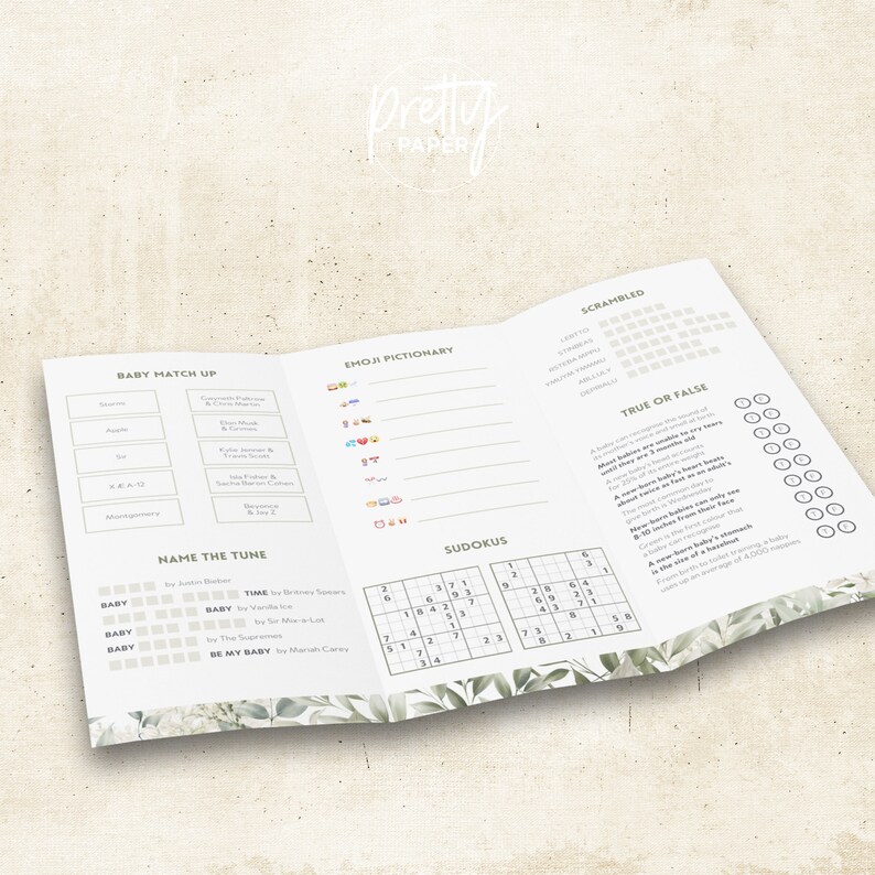 Baby Shower Games Handout Leaflet White/green Eucalyptus Floral "baby ...