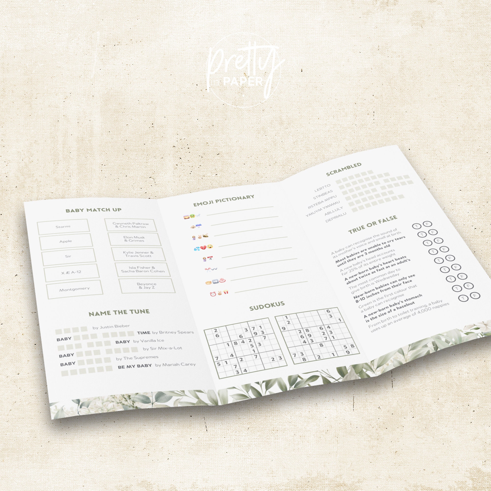 Baby Shower Games Handout Leaflet White/green Eucalyptus Floral "baby ...