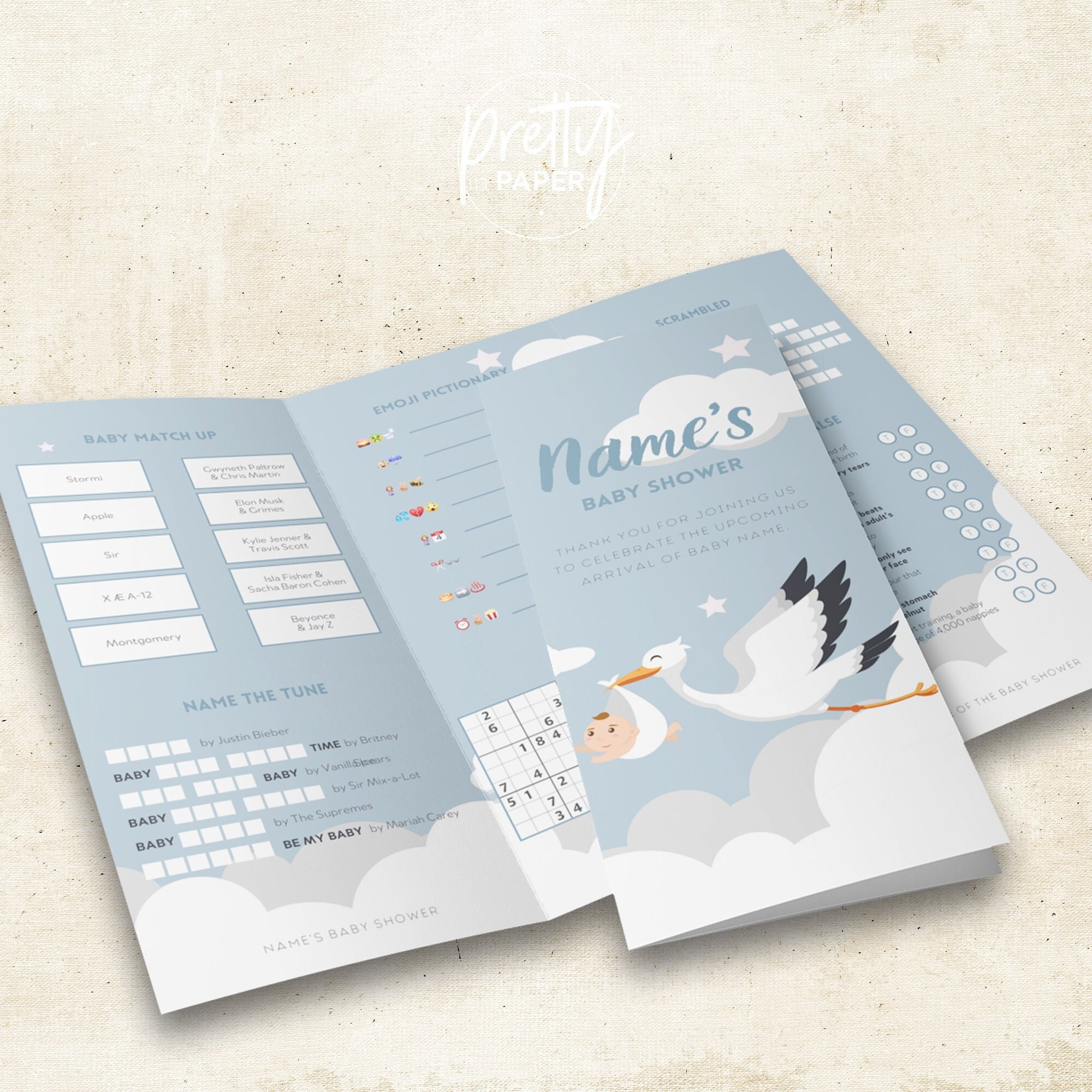 Baby Shower Games Handout Leaflet in Baby Blue (tri-fold A4 ...