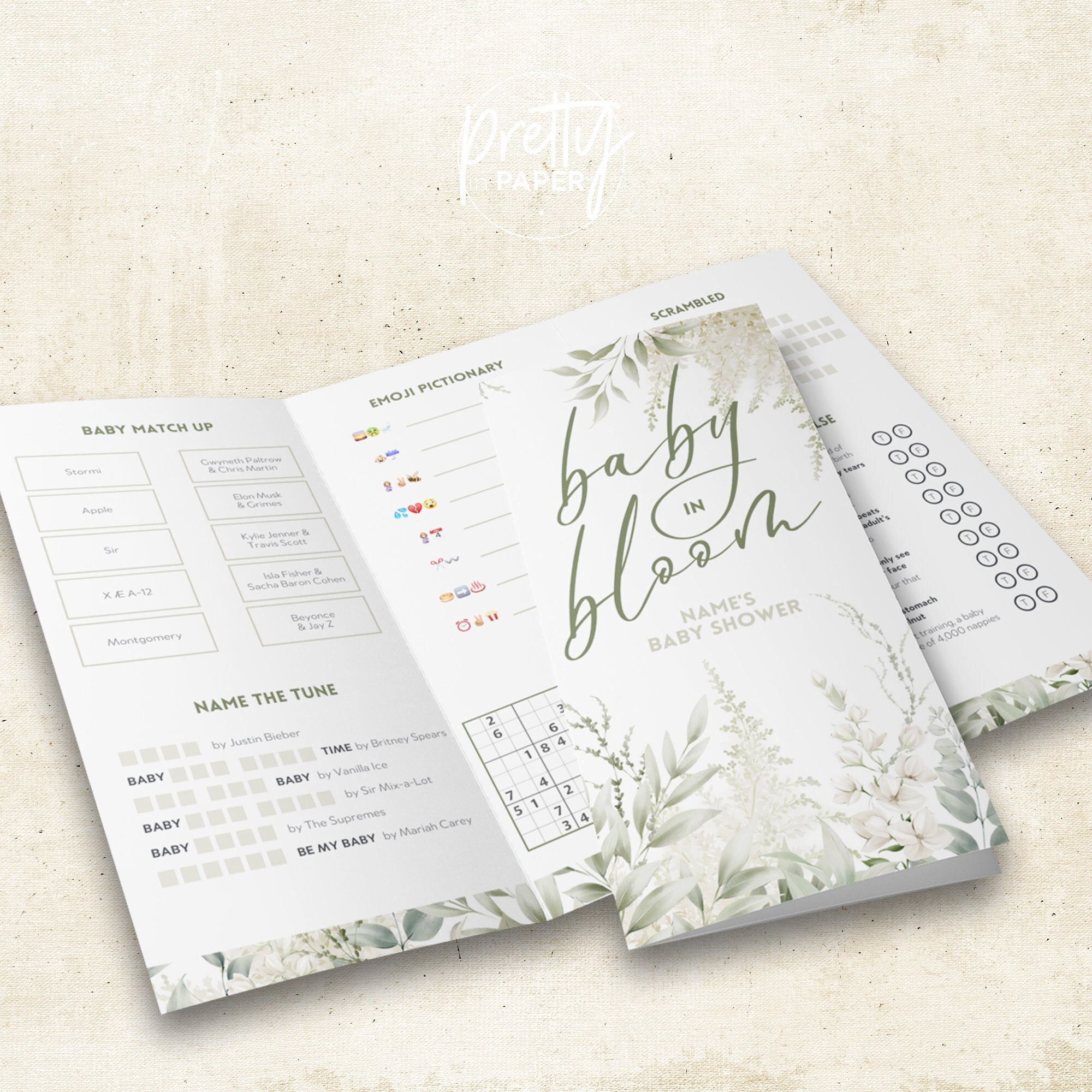 Baby Shower Games Handout Leaflet White/green Eucalyptus Floral "baby ...