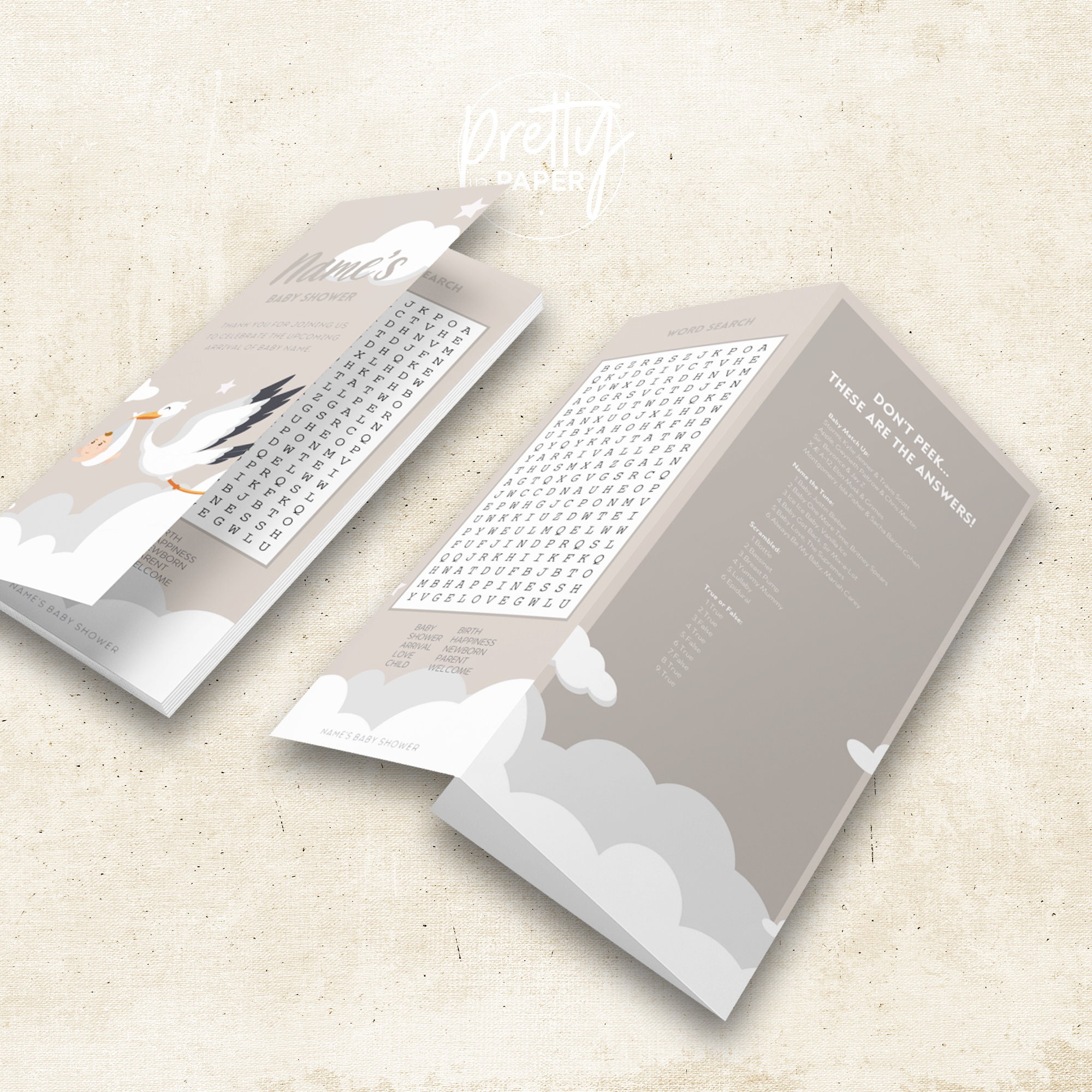 Baby Shower Games Handout Leaflet in Neutral Beige tri-fold A4 ...