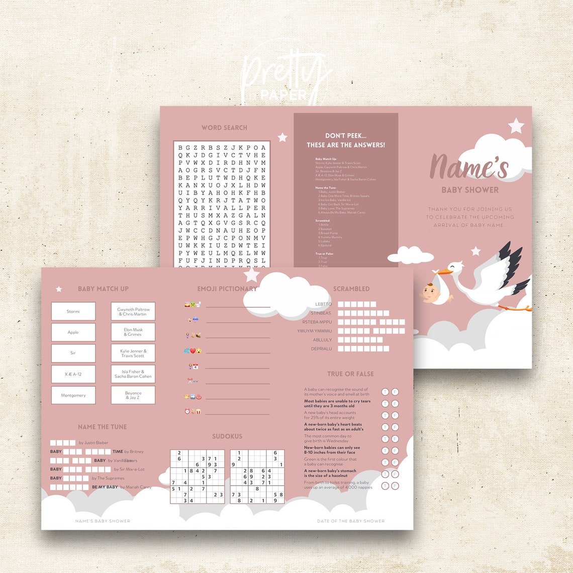 Baby Shower Games Handout Leaflet in Dusty Pink (tri-fold A4 ...