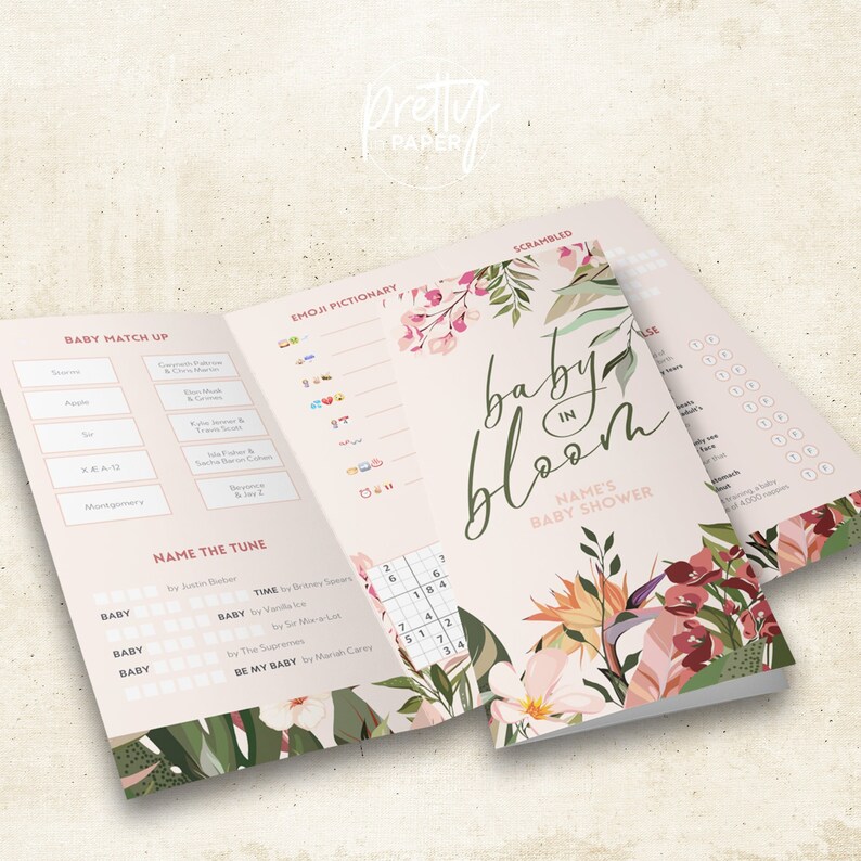 Baby Shower Games Handout Leaflet Pink Green Exotic Floral "baby in ...