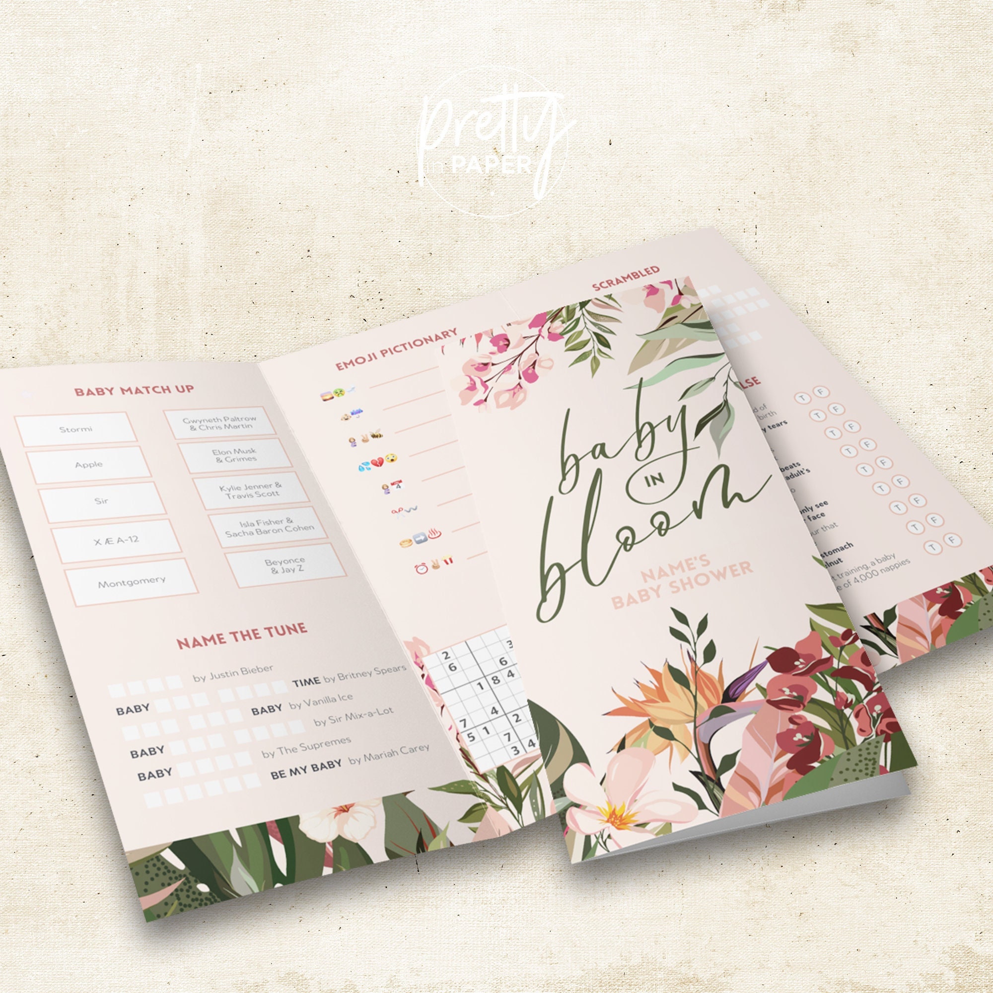 Baby Shower Games Handout Leaflet Pink Green Exotic Floral baby in ...