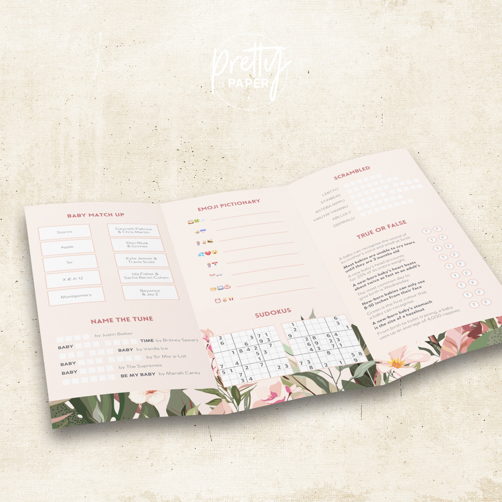 Baby Shower Games Handout Leaflet Pink Green Exotic Floral baby in ...