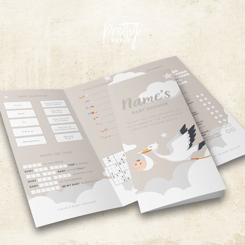 Baby Shower Games Handout Leaflet in Neutral Beige tri-fold A4 ...