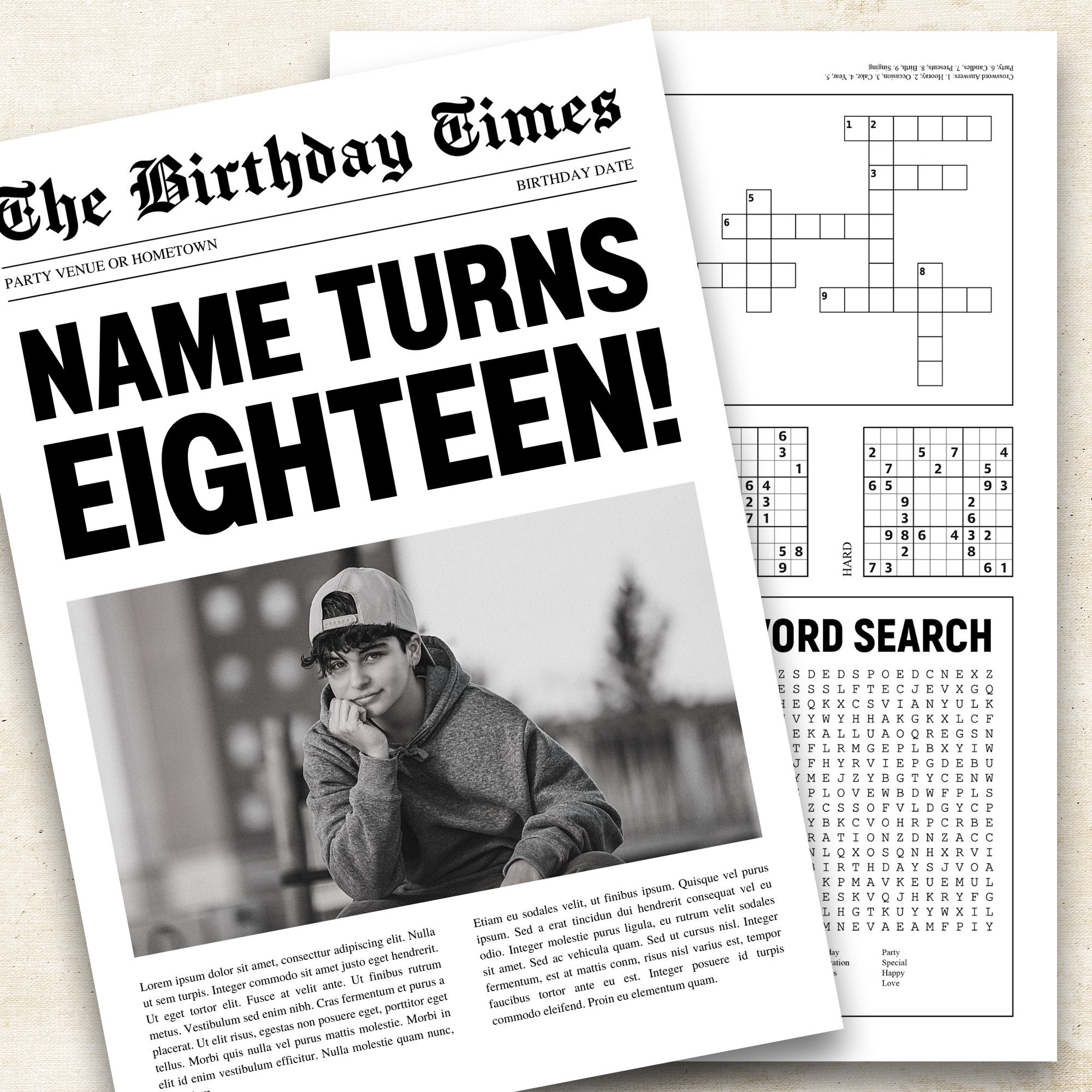 18th Birthday Newspaper Template: Editable Party Games (A4) - Etsy