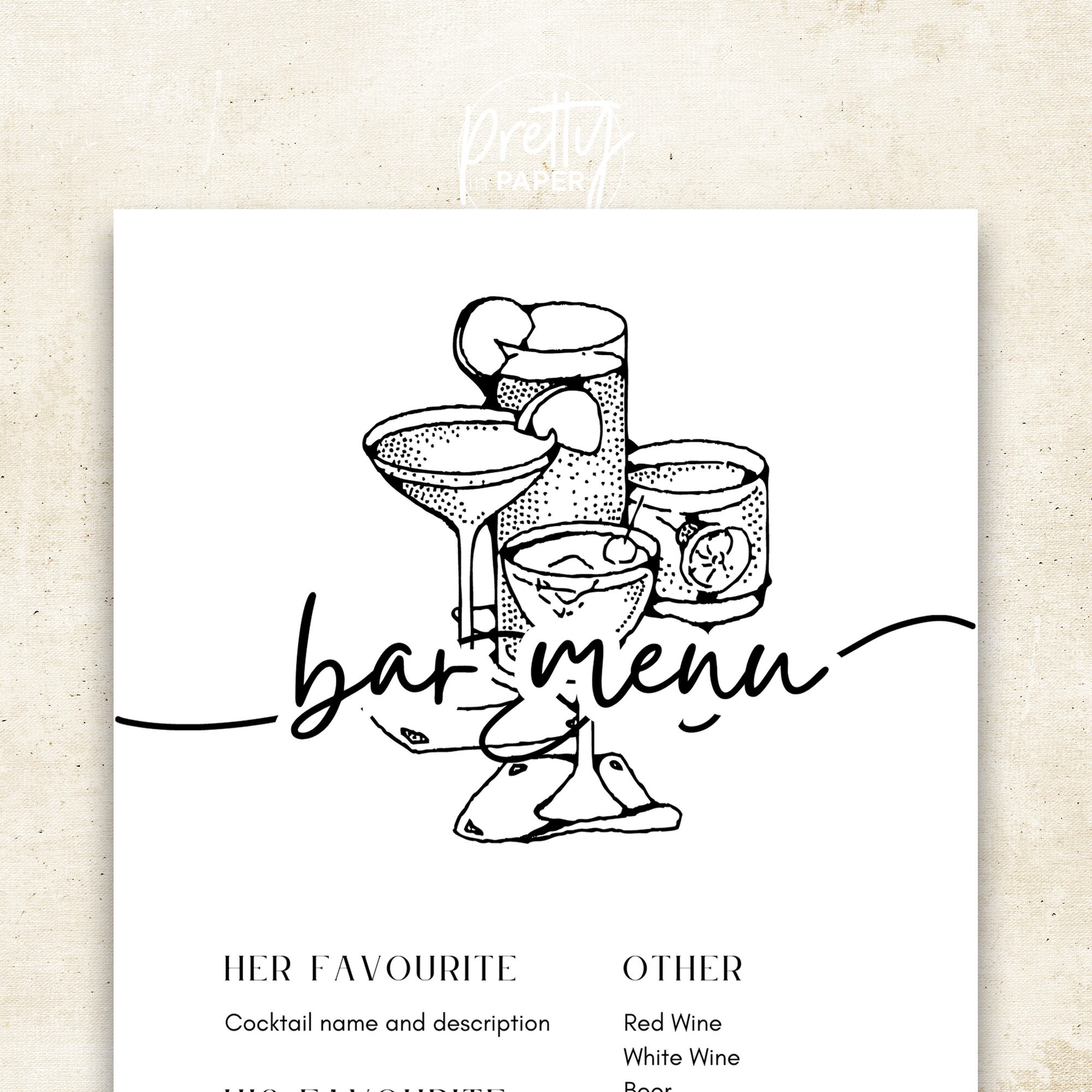 Bar Menu, His & Hers Cocktails, Printable Wedding Signage, A5 Editable ...