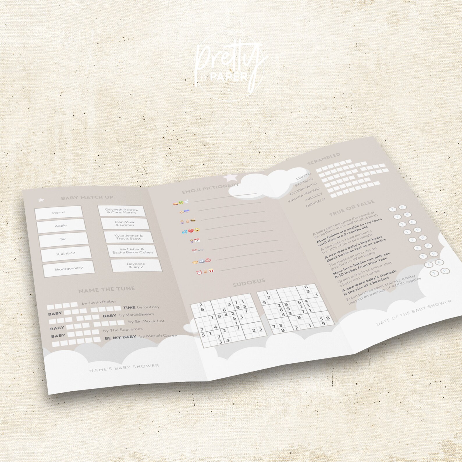 Baby Shower Games Handout Leaflet in Neutral Beige tri-fold A4 ...