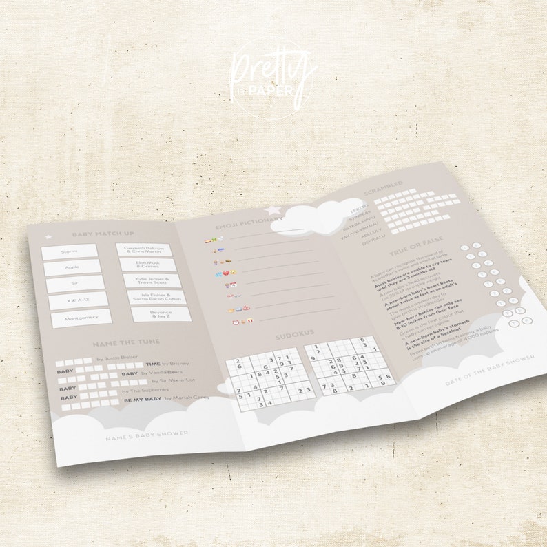 Baby Shower Games Handout Leaflet in Neutral Beige (tri-fold A4 ...