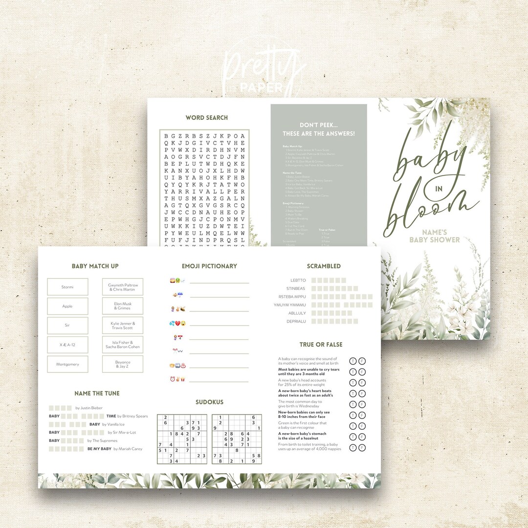 Baby Shower Games Handout Leaflet White/green Eucalyptus Floral "baby ...