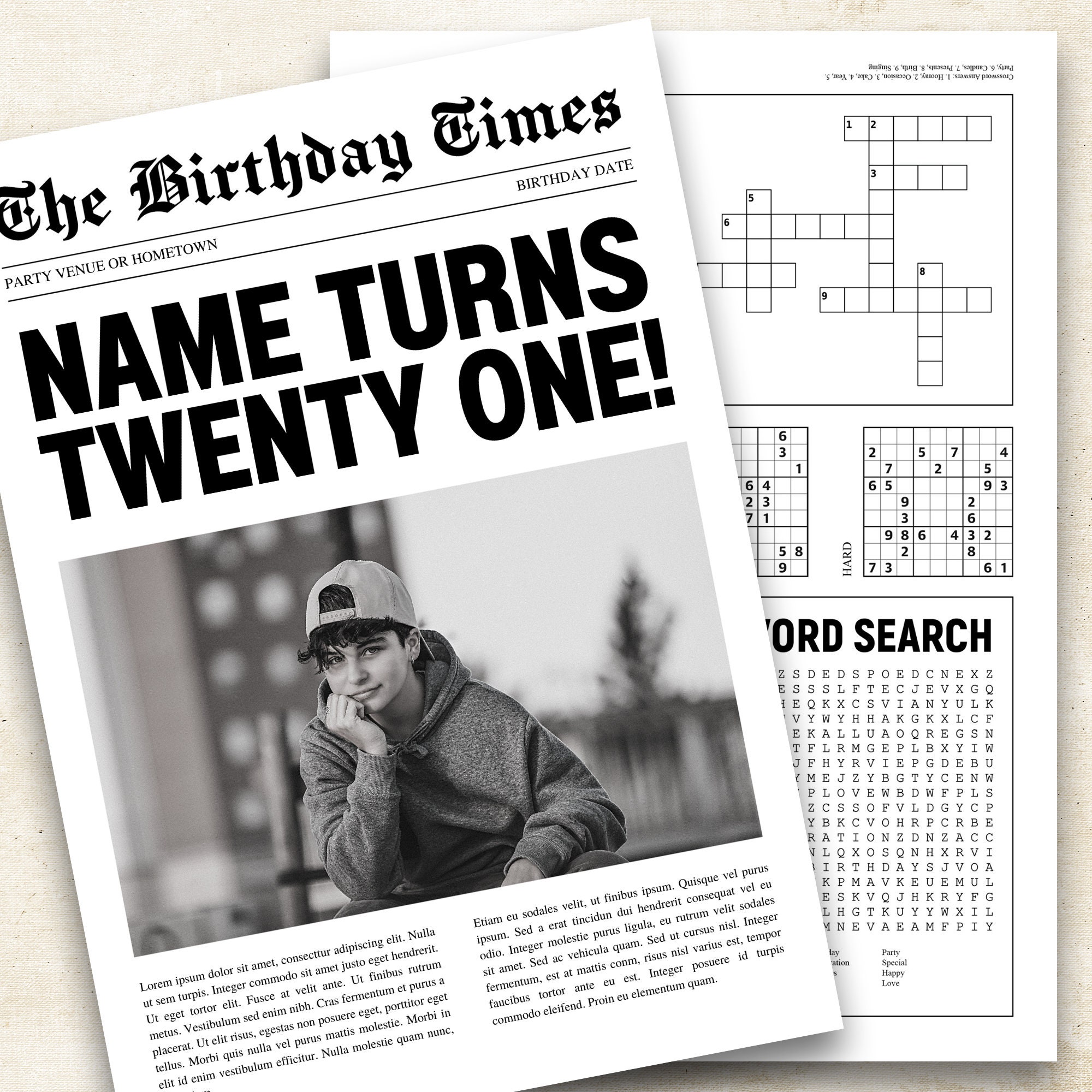 21st Birthday Newspaper Template: Personalized Party Games (A4) - Etsy