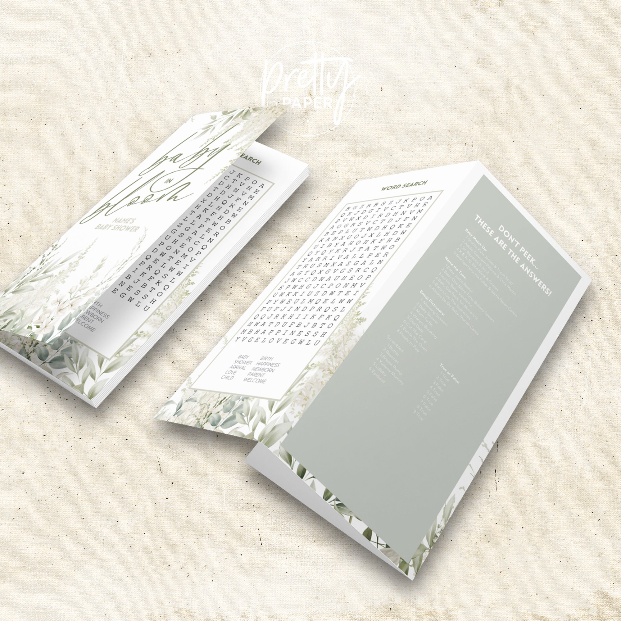 Baby Shower Games Handout Leaflet White/green Eucalyptus Floral "baby ...