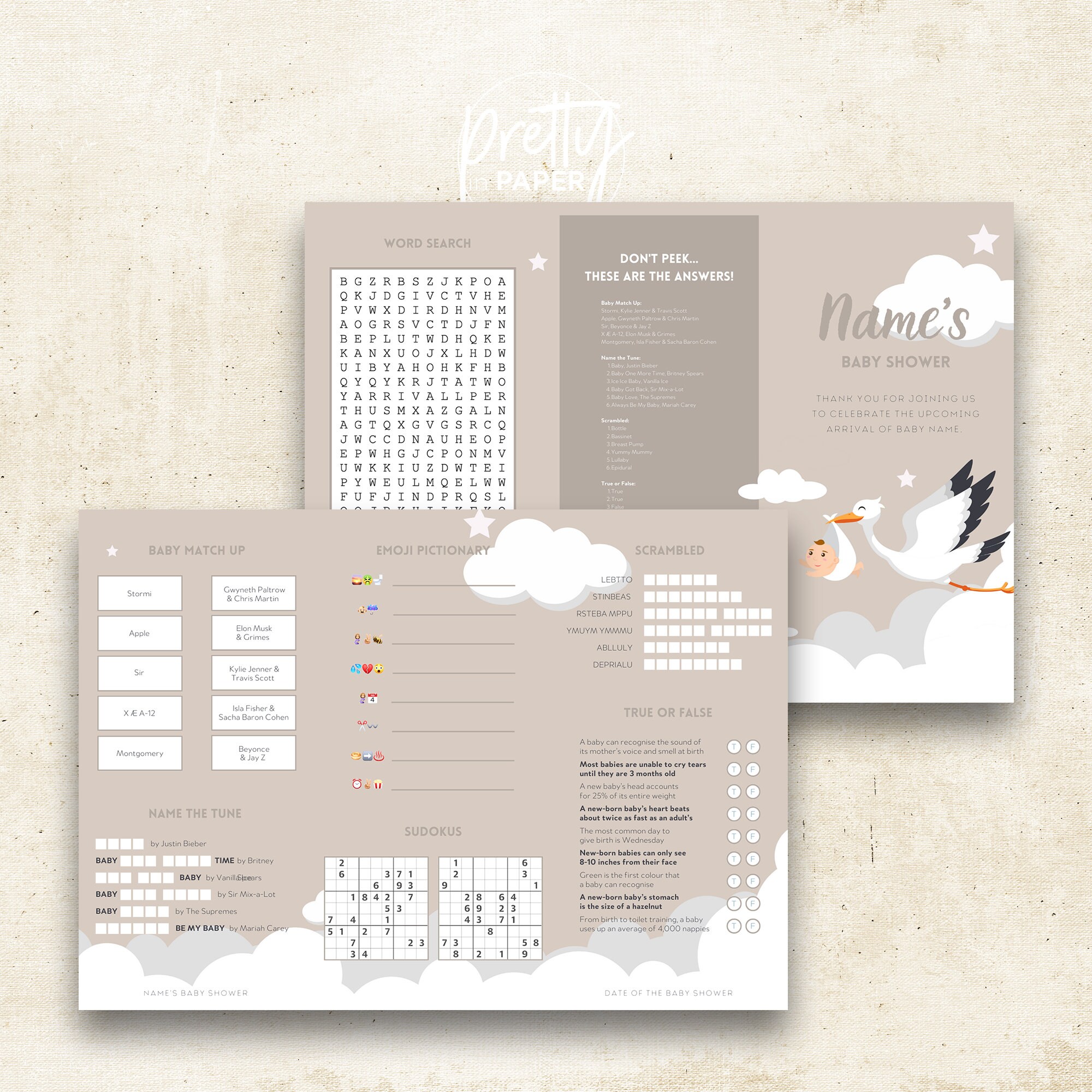 Baby Shower Games Handout Leaflet in Neutral Beige (tri-fold A4 ...