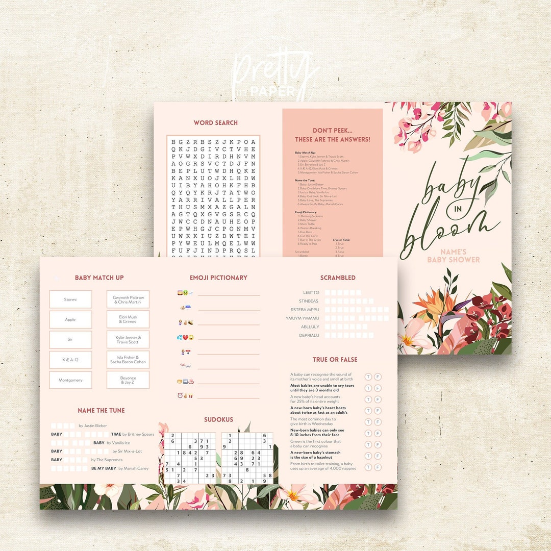 Baby Shower Games Handout Leaflet Pink Green Exotic Floral "baby in ...